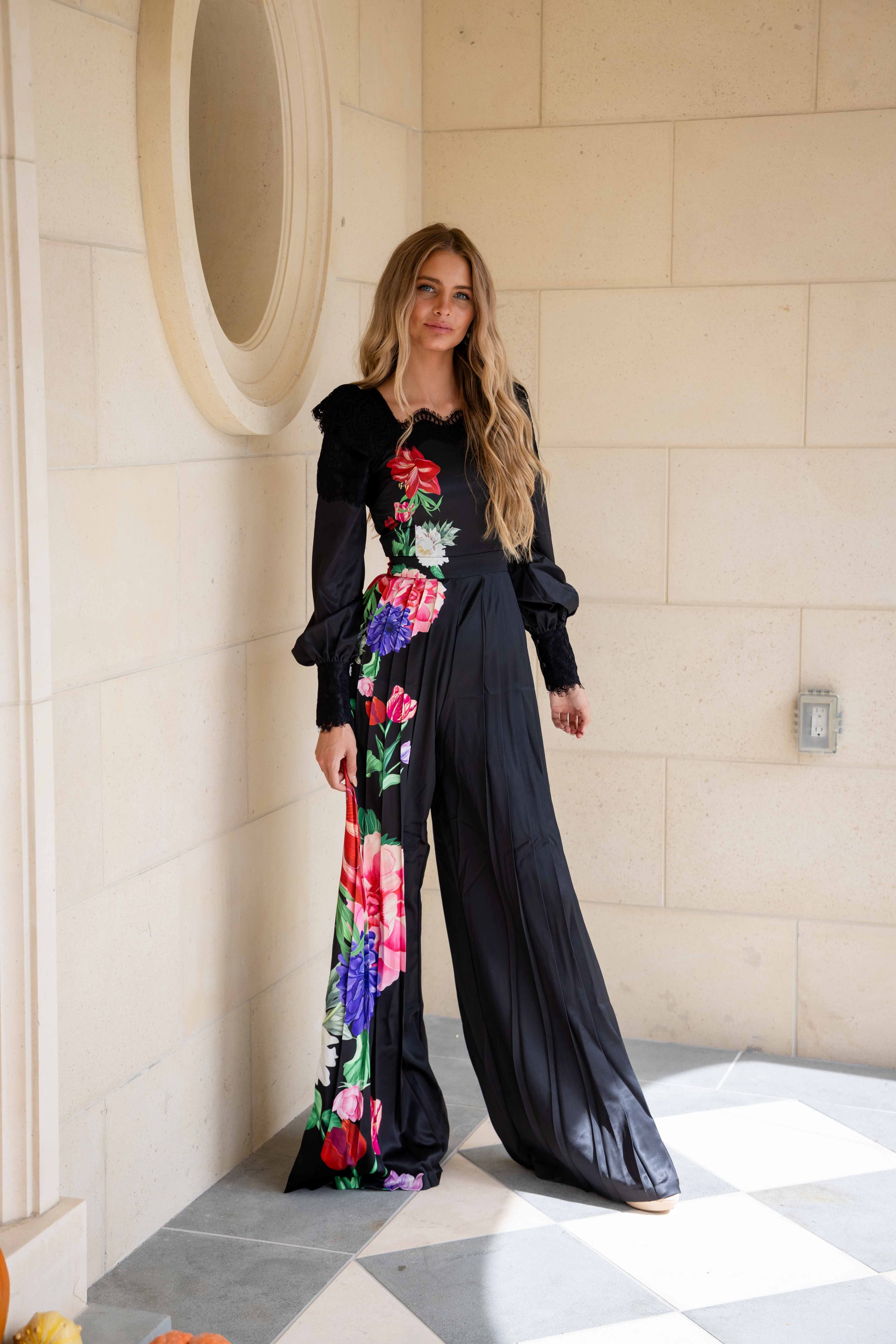Elise Black Floral Satin Jumpsuit with Lace detail – Robin Towle